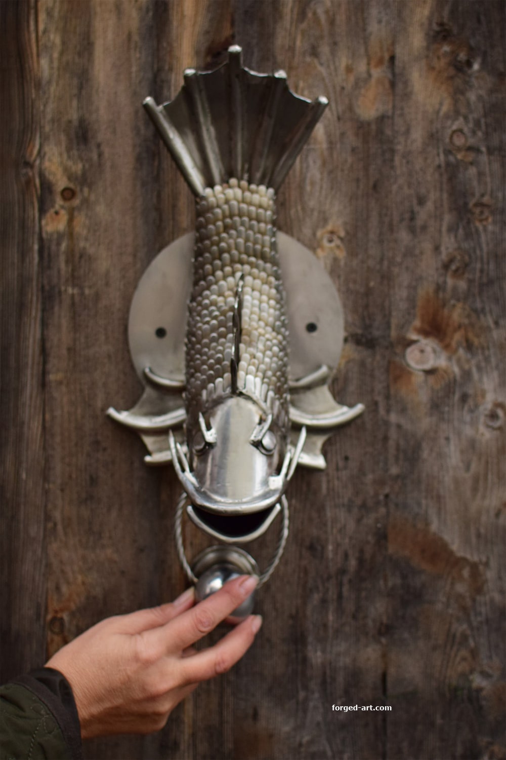Door knocker for fisherman - forged steel sculpture - fish knocker